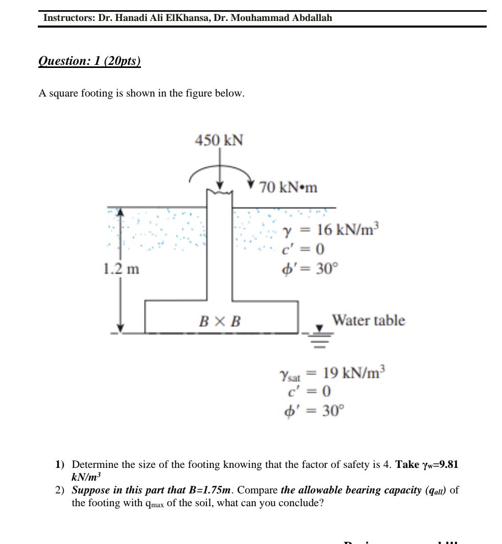 Question: 1 (20pts) A square footing is | StudyX