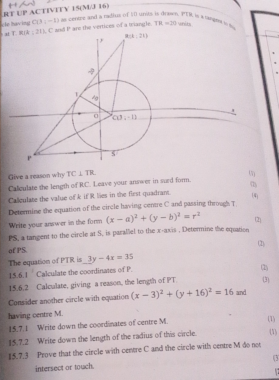 Give a reason why TC ⊥ TR. Calculate the | StudyX