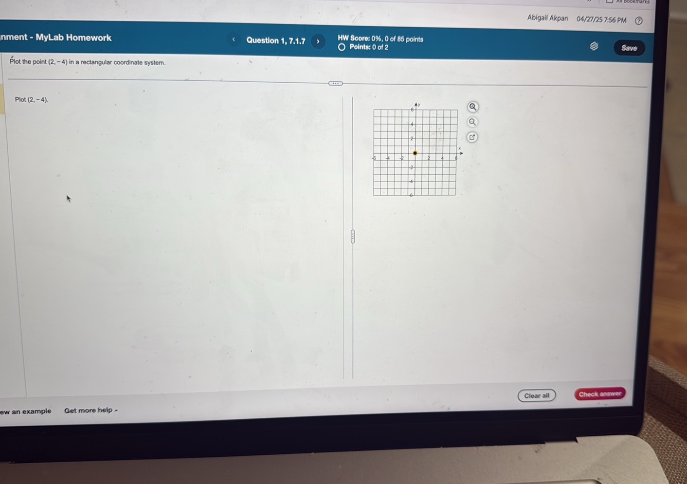 Plot the point (2, -4) in a rectangular | StudyX