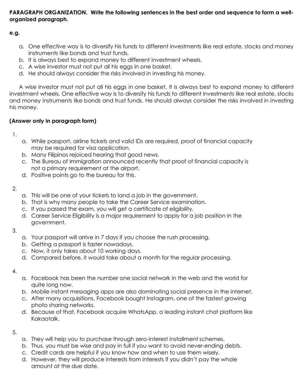 PARAGRAPH ORGANIZATION. Write the following | StudyX
