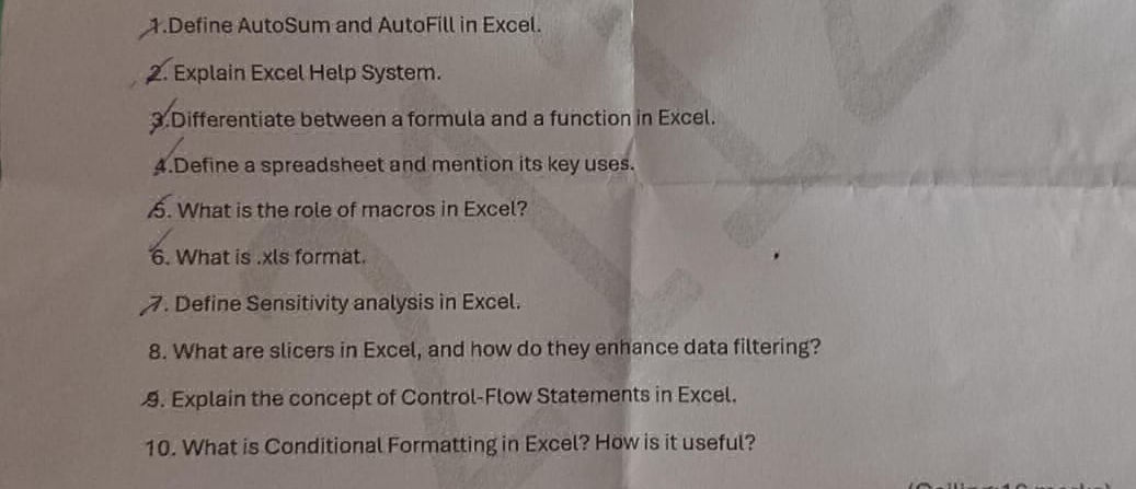 1. Define AutoSum and AutoFill in Excel. 2. | StudyX