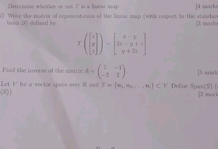 Determine whether or not $T$ is a linear | StudyX