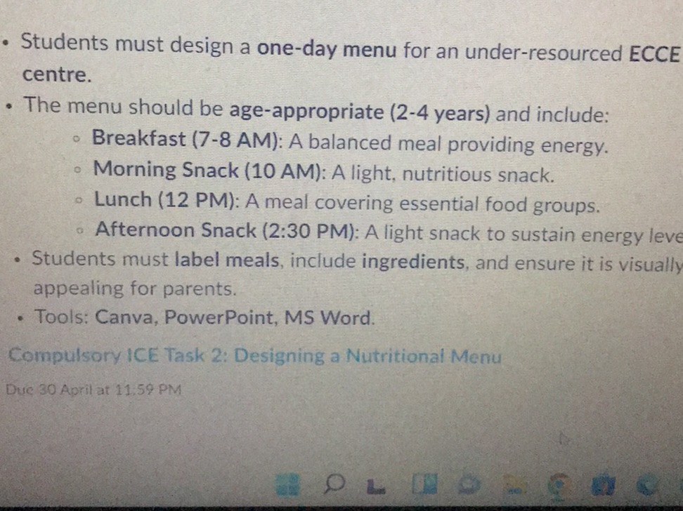 Students must design a one-day menu for an | StudyX