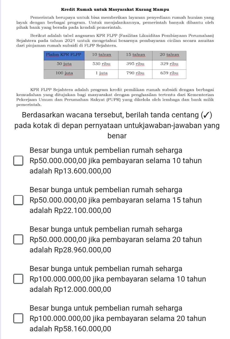 Berikut adalah tabel angsuran KPR FLPP | StudyX