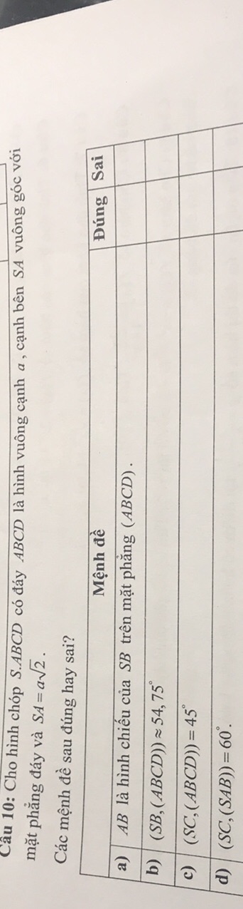 Câu 10: Cho hình chóp S.ABCD có đáy ABCD là | StudyX