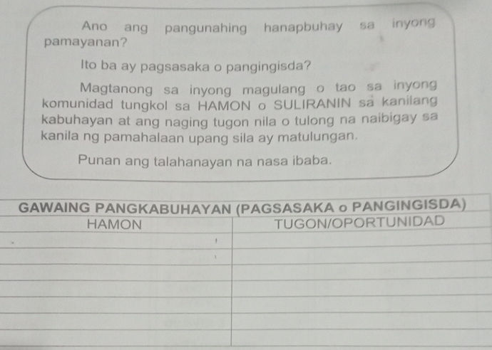 Ano ang pangunahing hanapbuhay sa inyong | StudyX