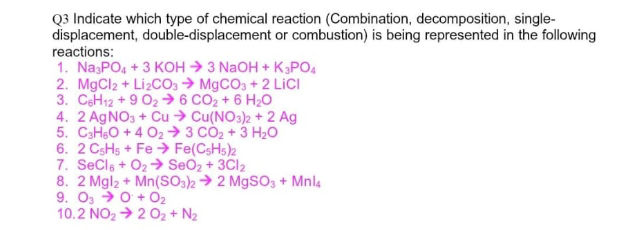 Q3 Indicate which type of chemical reaction | StudyX