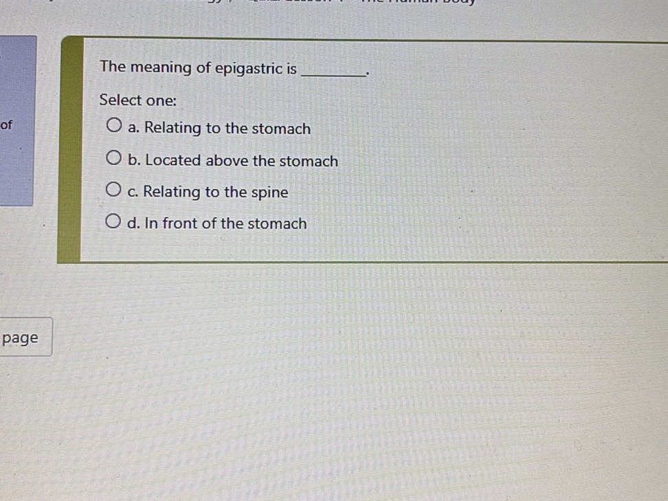 The meaning of epigastric is Select one: a.