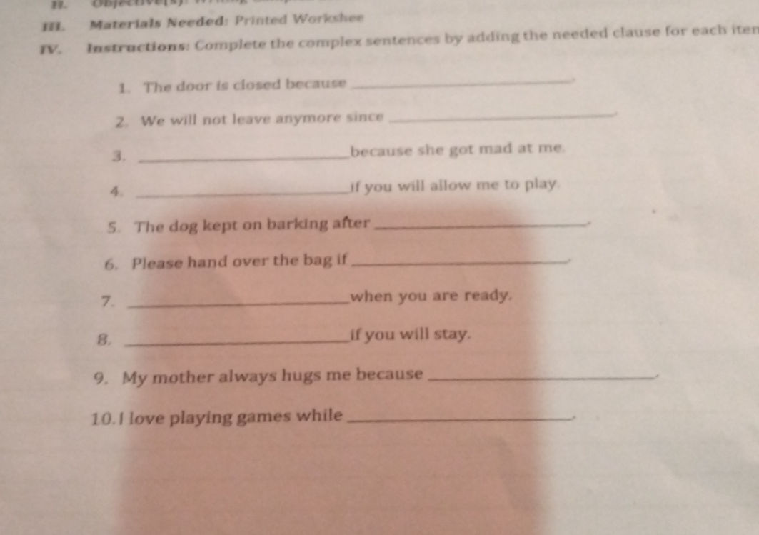 Instructions: Complete the complex sentences | StudyX