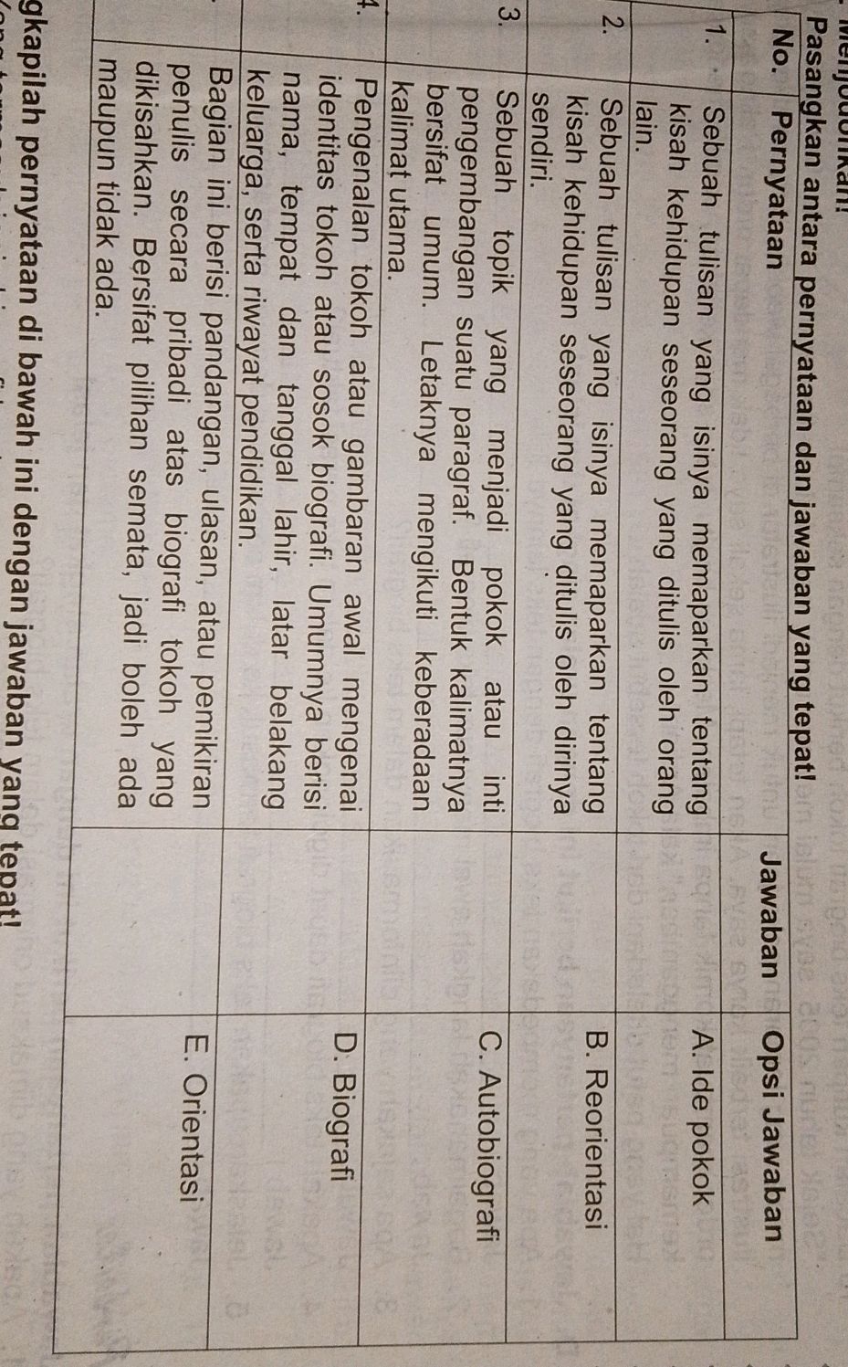 Pasangkan antara pernyataan dan jawaban yang | StudyX