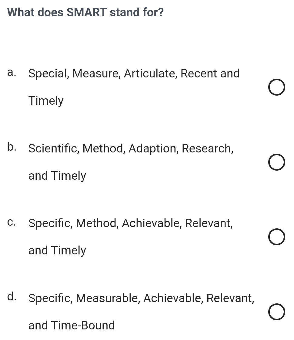 What does SMART stand for? a. Special, | StudyX