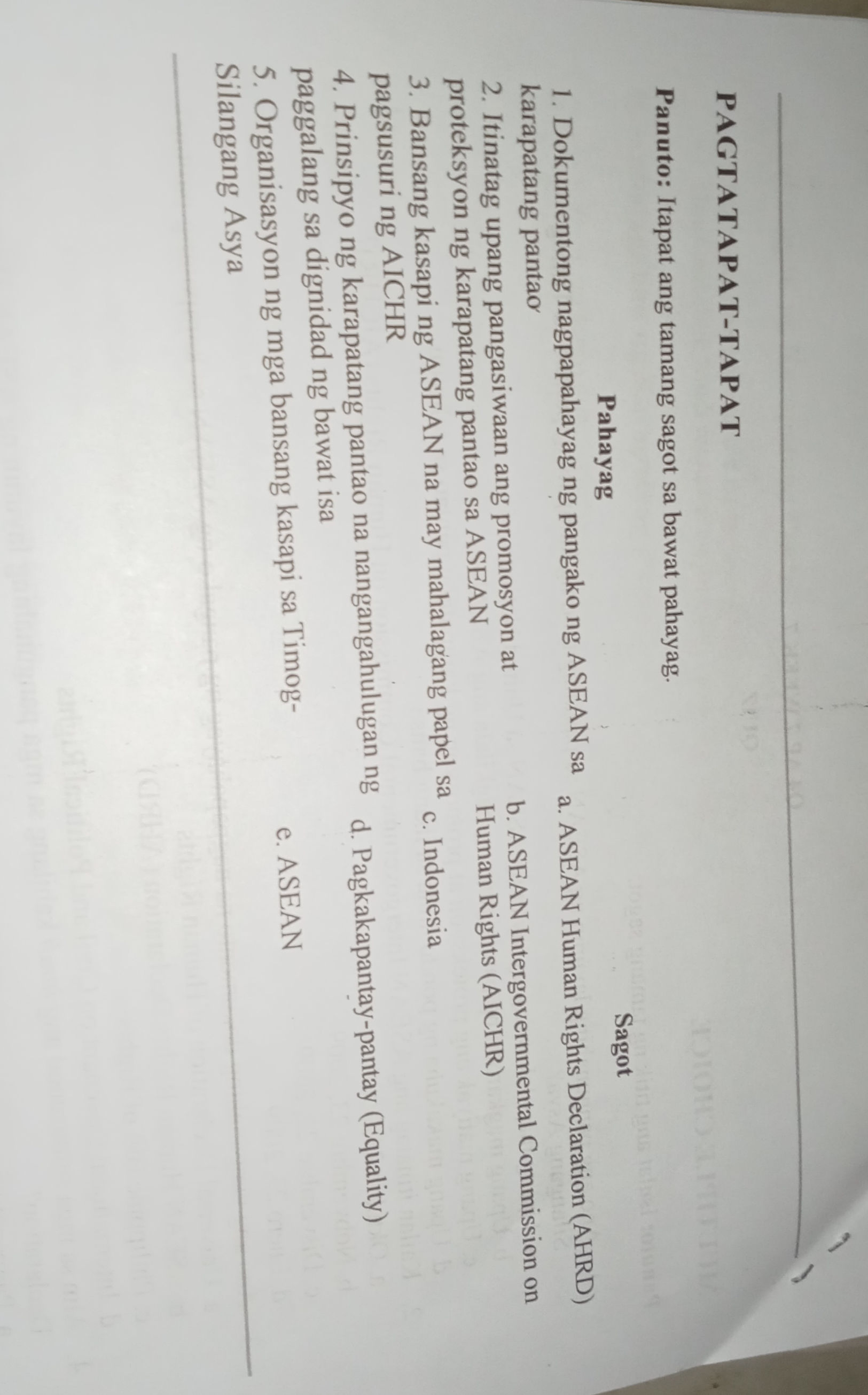 Panuto: Itapat ang tamang sagot sa bawat | StudyX