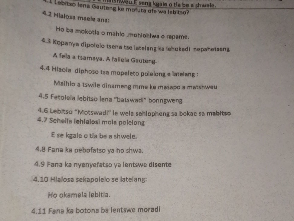 4.1 Lebitso lena Gauteng ke mofuta ofe wa | StudyX