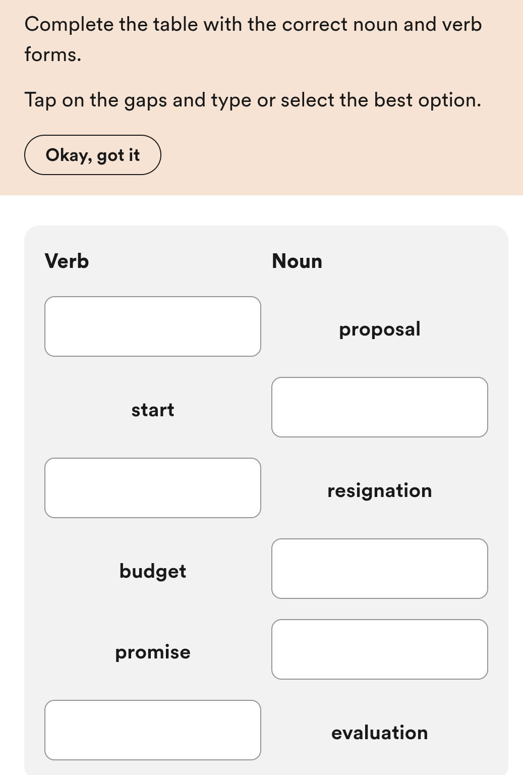 Complete the table with the correct noun and | StudyX