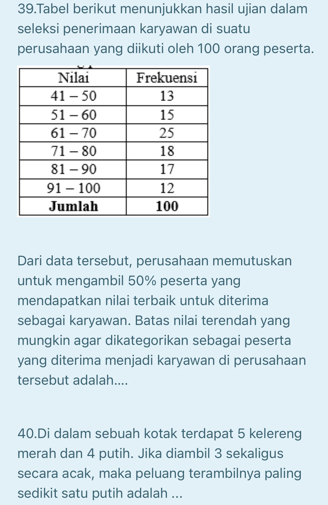39. Tabel berikut menunjukkan hasil ujian | StudyX