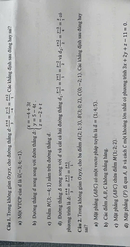 Câu 1. Trong không gian Oxyz, cho đường | StudyX