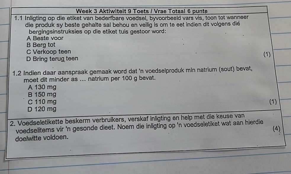 1.1 Inligting op die etiket van bederfbare | StudyX
