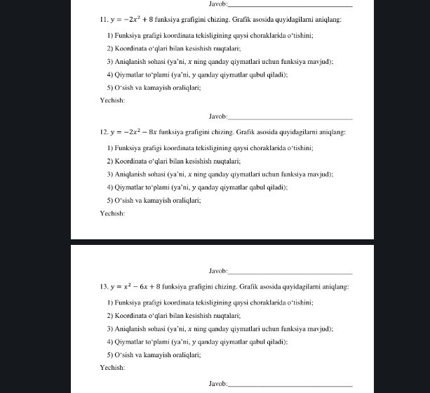 11. $y = -2x^2 + 8$ funksiya grafigini | StudyX