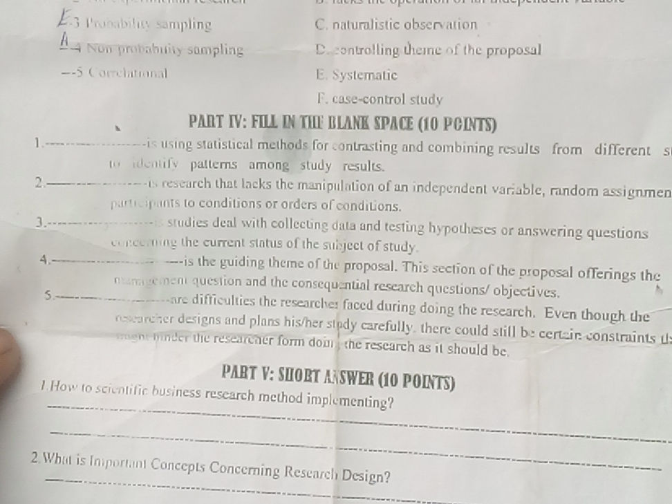 PART IV: FILL IN THE BLANK SPACE (10 POINTS) | StudyX