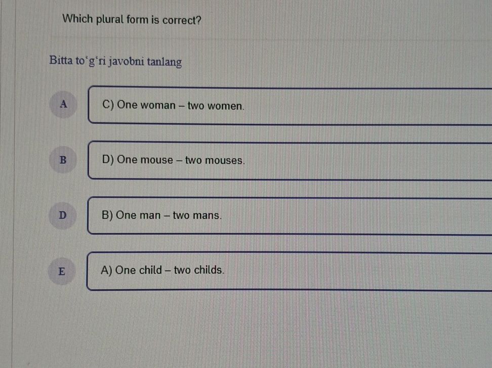 Which plural form is correct? A) One child | StudyX