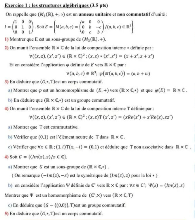 Exercice 1 : les structures algébriques (3.5 | StudyX