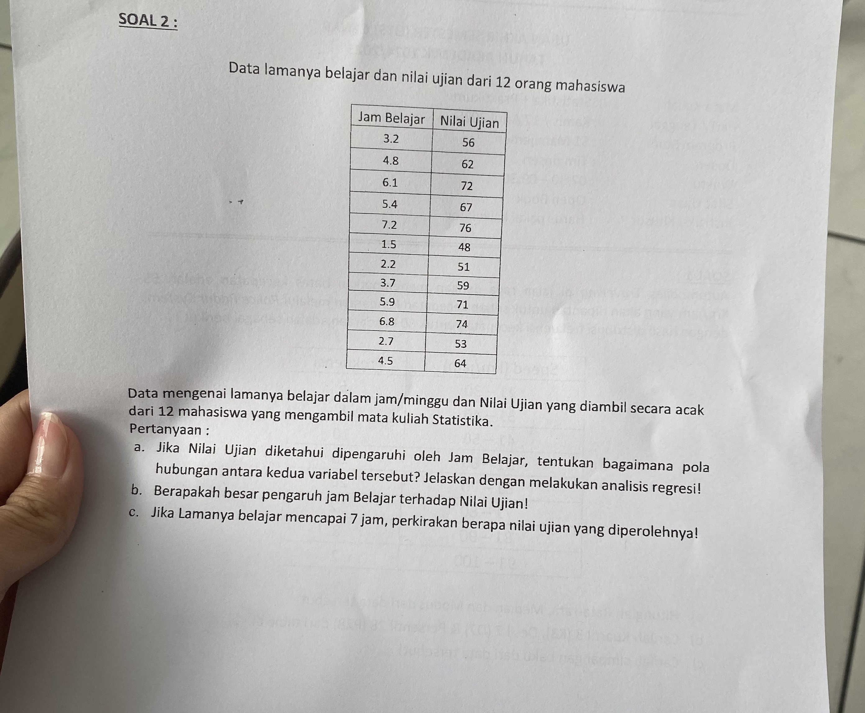 Data lamanya belajar dan nilai ujian dari 12 | StudyX