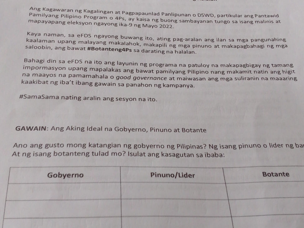 GAWAIN: Ang Aking Ideal na Gobyerno, Pinuno | StudyX