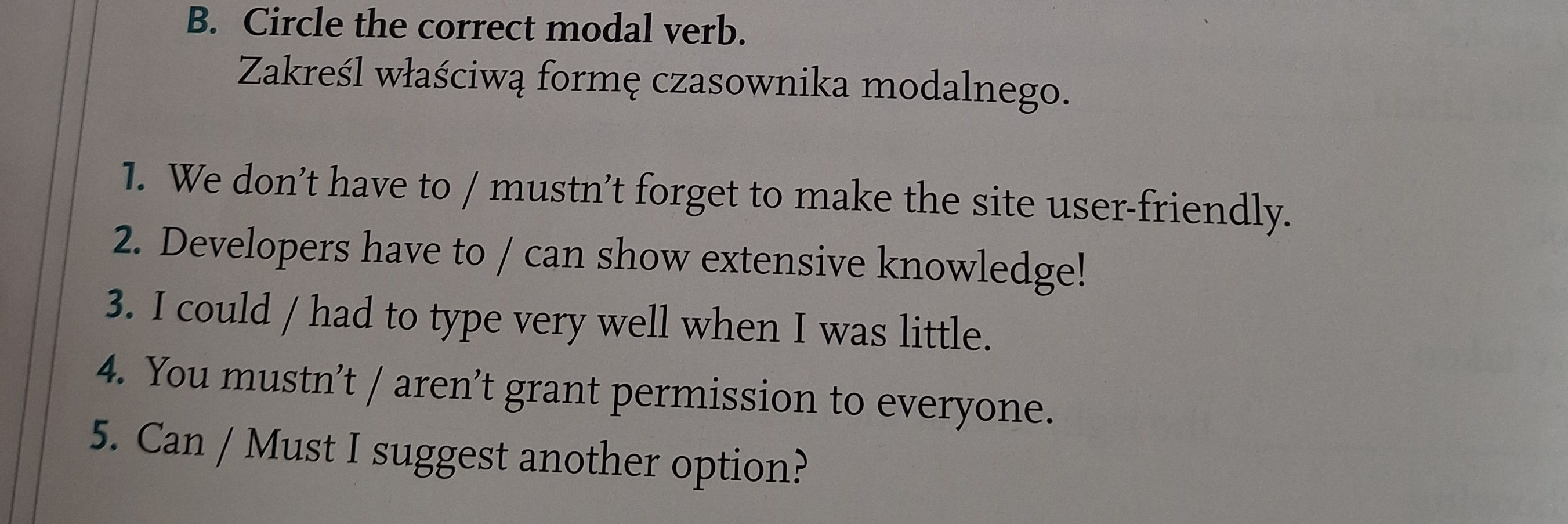 B. Circle the correct modal verb. Zakreśl | StudyX