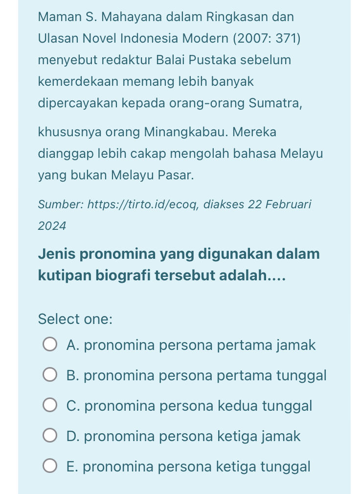 Jenis pronomina yang digunakan dalam kutipan | StudyX