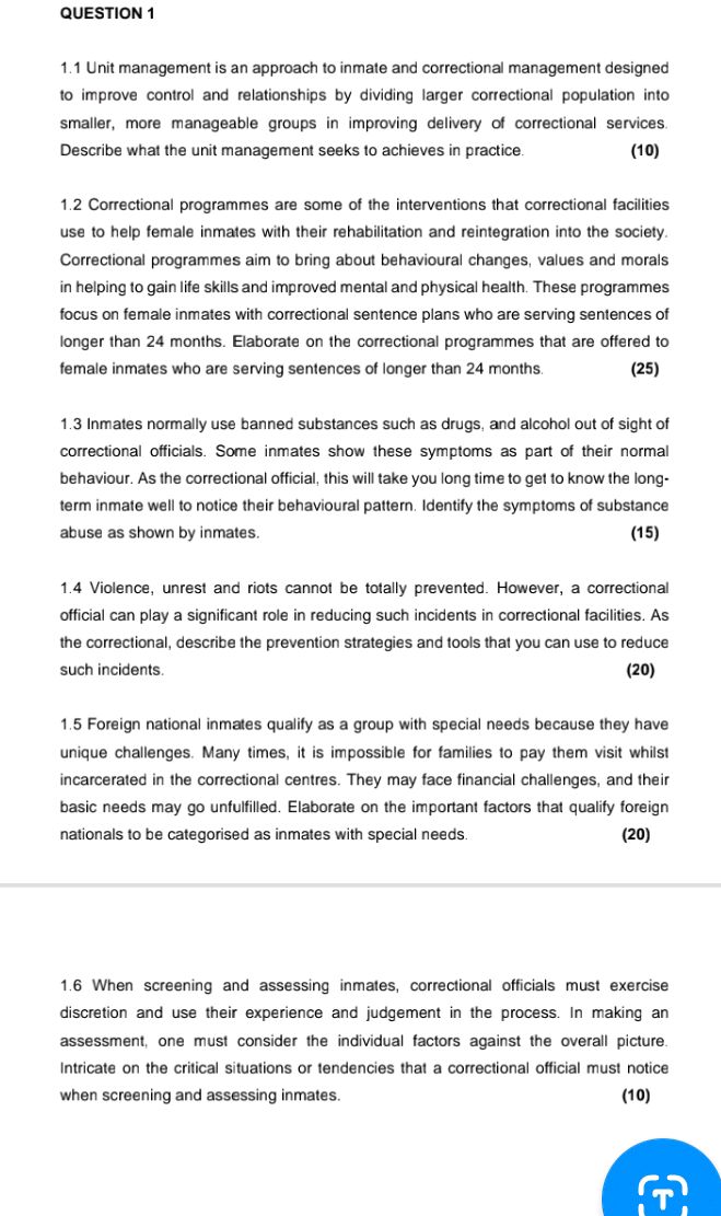 QUESTION 1 1.1 Unit management is an | StudyX