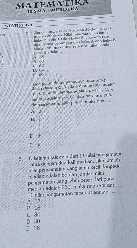 3. Banyak siswa kelas A adalah 30 dan kelas | StudyX