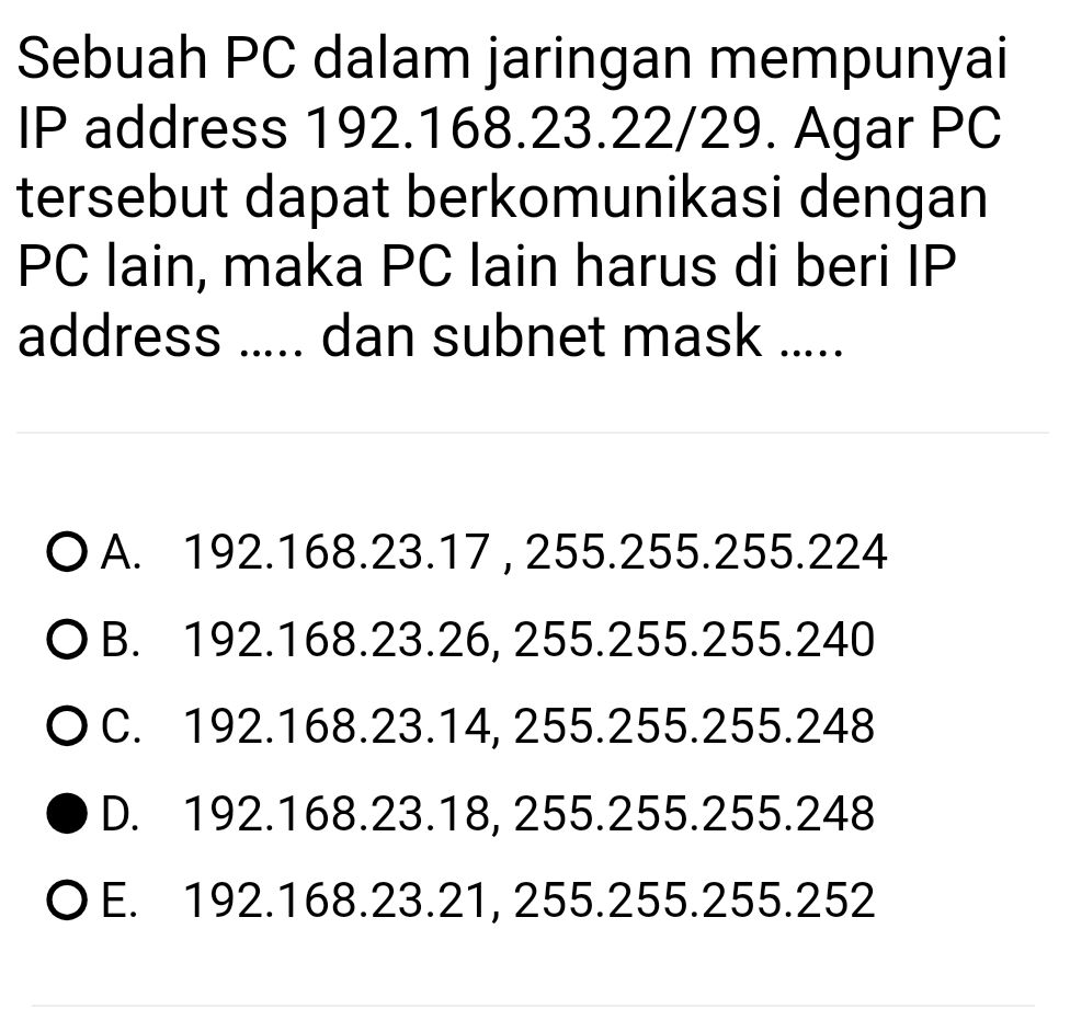 Sebuah PC dalam jaringan mempunyai IP | StudyX