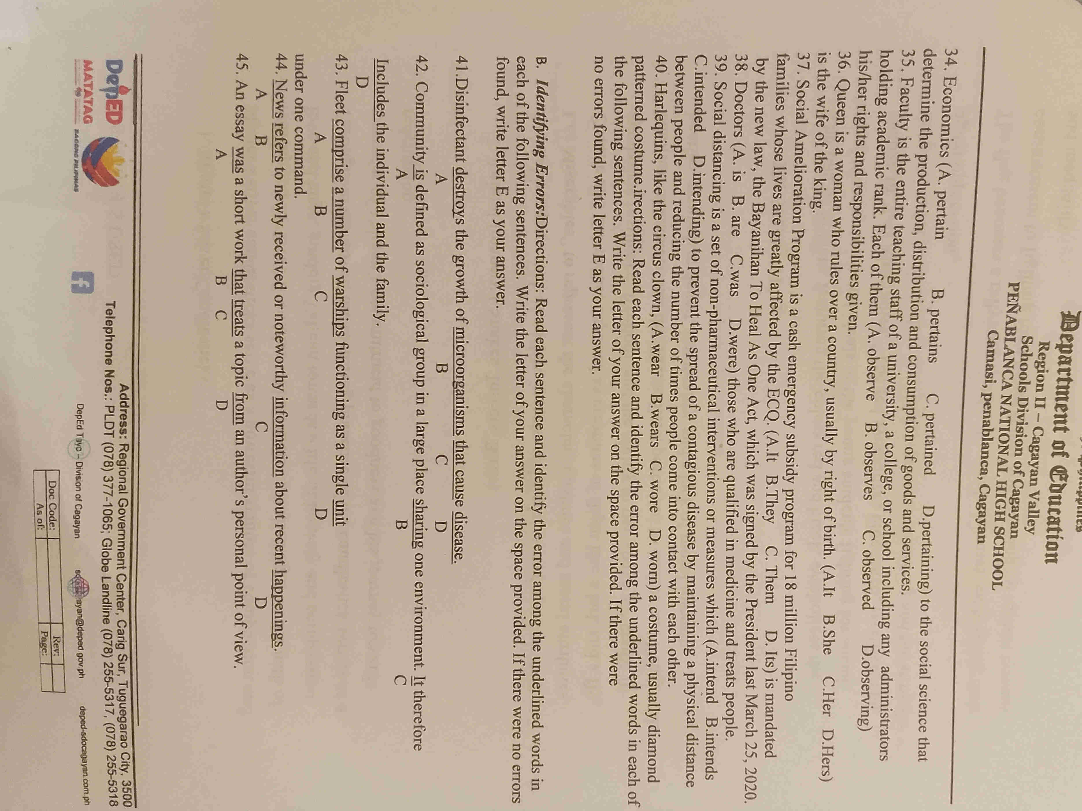 B. Identifying Errors: Directions: Read each | StudyX