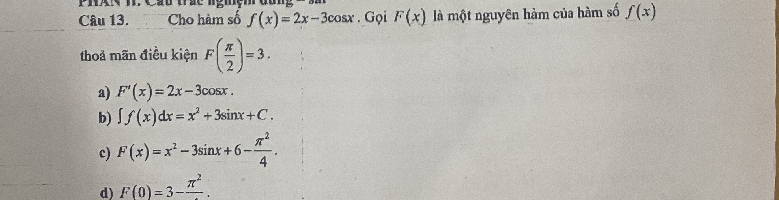 Cho hàm số $f(x) = 2x - 3 ext{cos}x$. Gọi | StudyX
