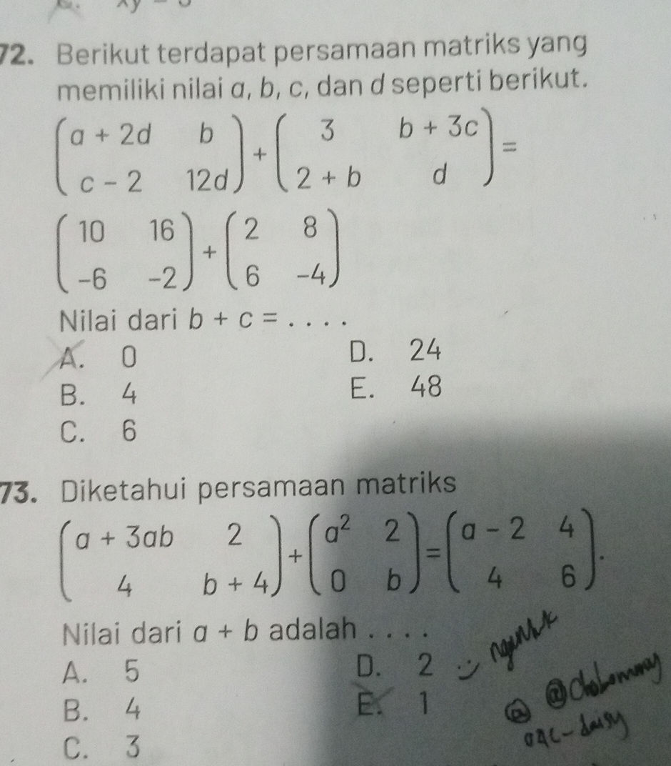 72. Berikut terdapat persamaan matriks yang | StudyX