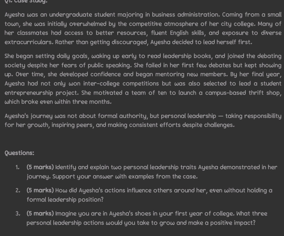 Q1. Case study: Ayesha was an undergraduate | StudyX