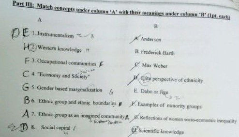 Part III: Match concepts under column 'A' | StudyX