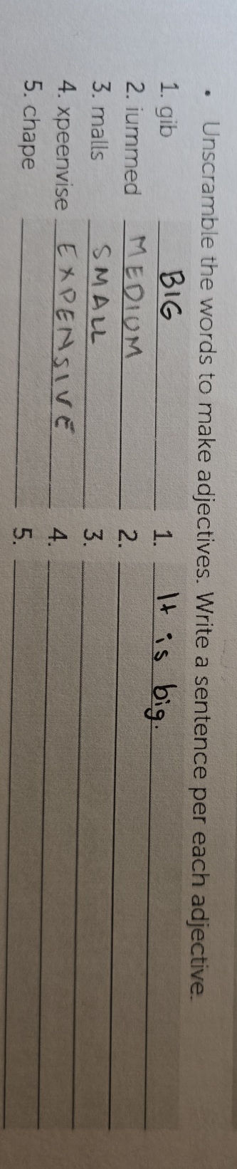 Unscramble the words to make adjectives. | StudyX