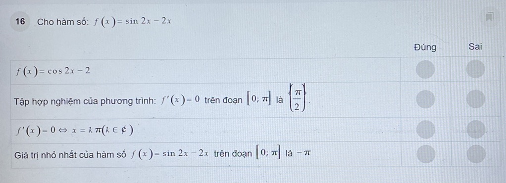 Cho hàm số: $f(x) = sin 2x - 2x$ $f(x) = | StudyX