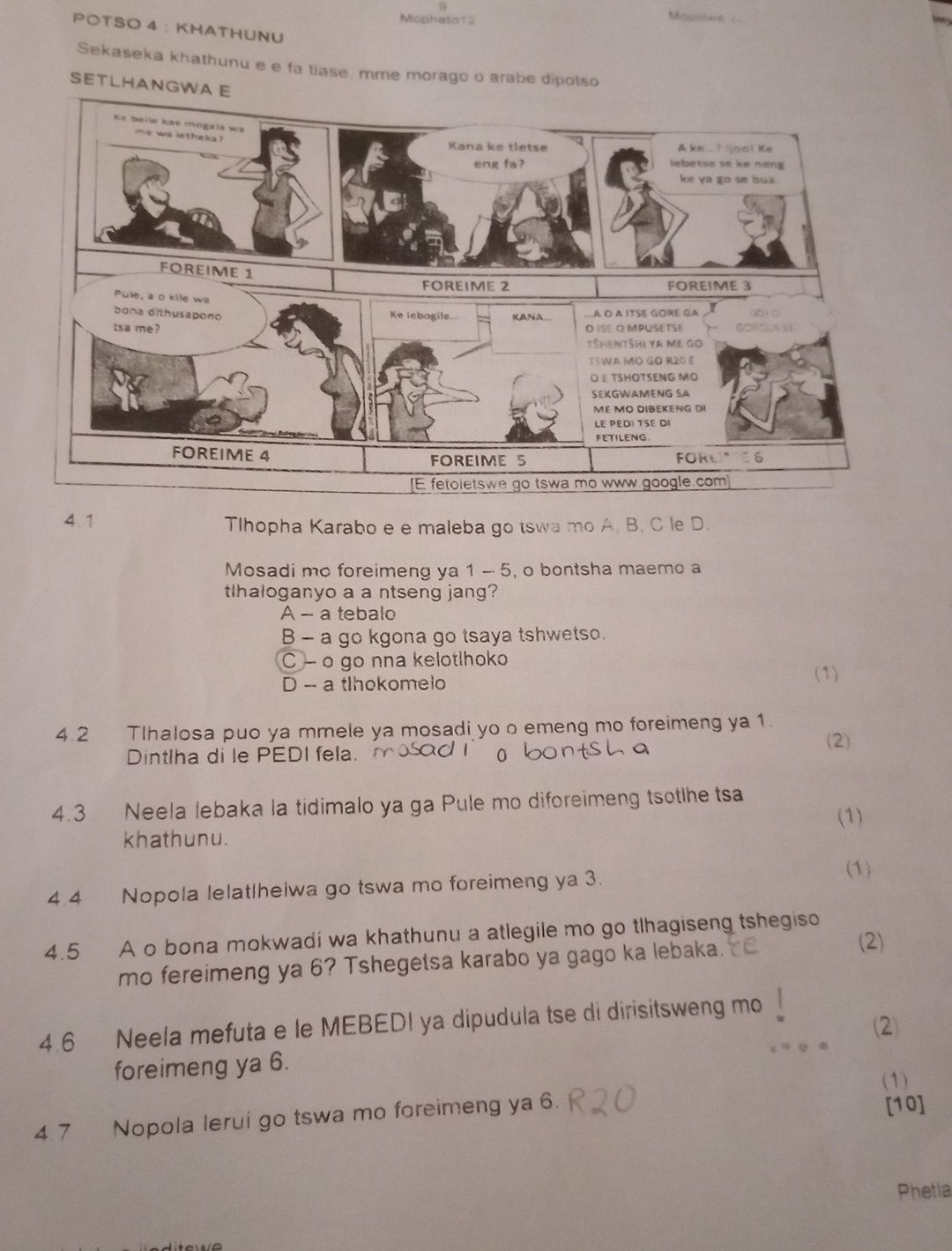 4.1 Tlhophha Karabo e e maleba go tswa mo A, | StudyX