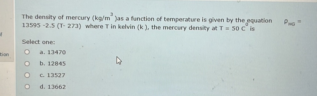 The density of mercury (kg/m³) as a function | StudyX