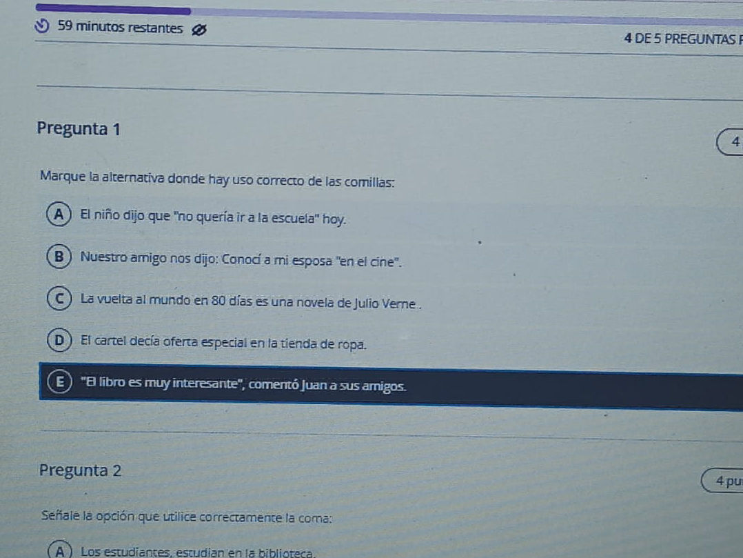 Pregunta 1 Marque la alternativa donde hay | StudyX