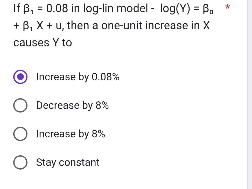 If \( _1 = 0.08\) in log-lin model - \((Y) = | StudyX