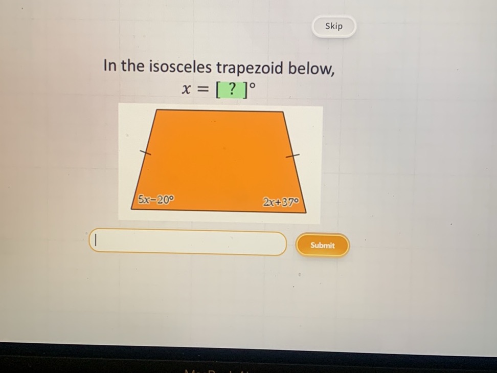 In the isosceles trapezoid below, $x = [ ? | StudyX
