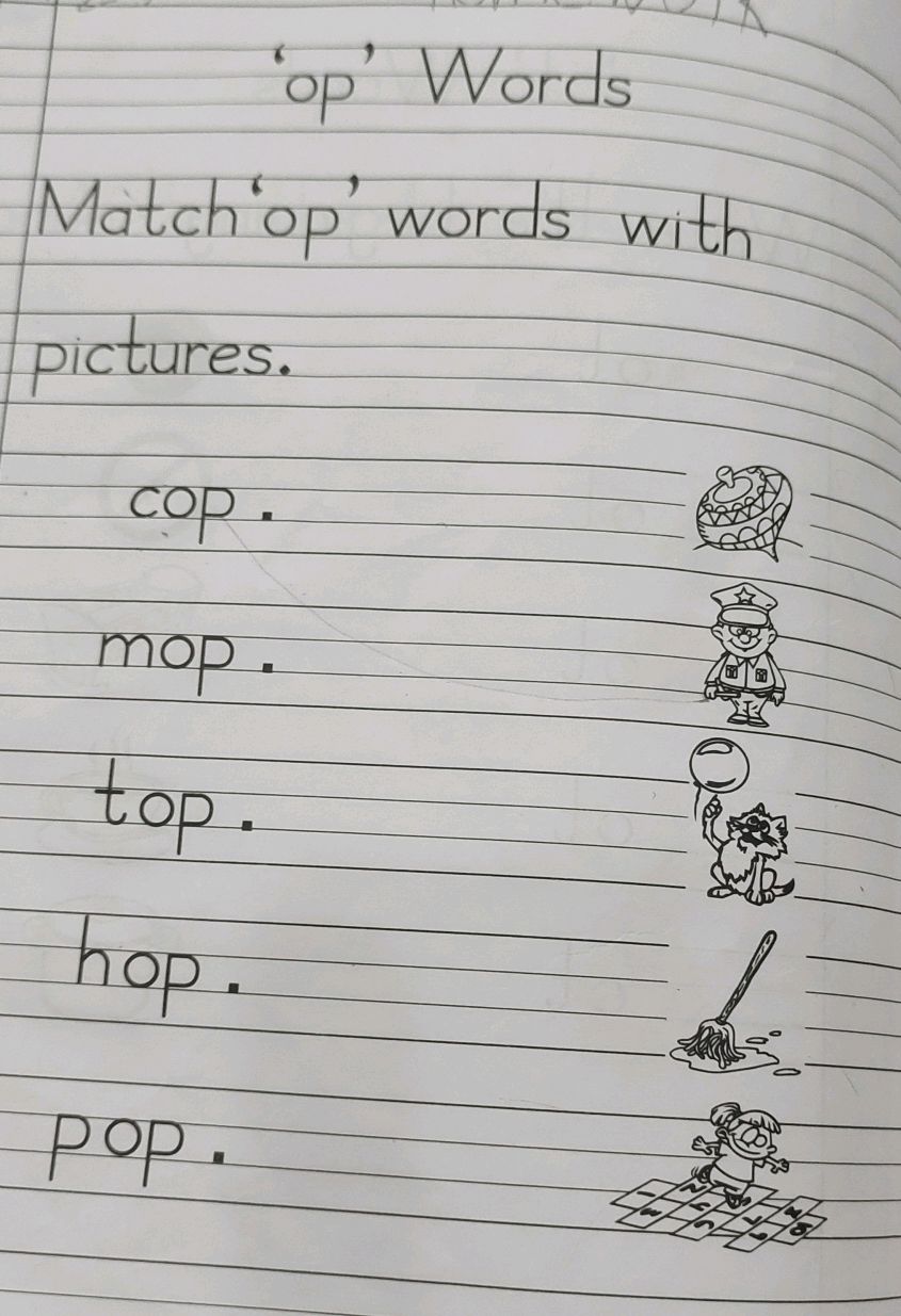Match 'op' words with pictures. cop. mop. | StudyX