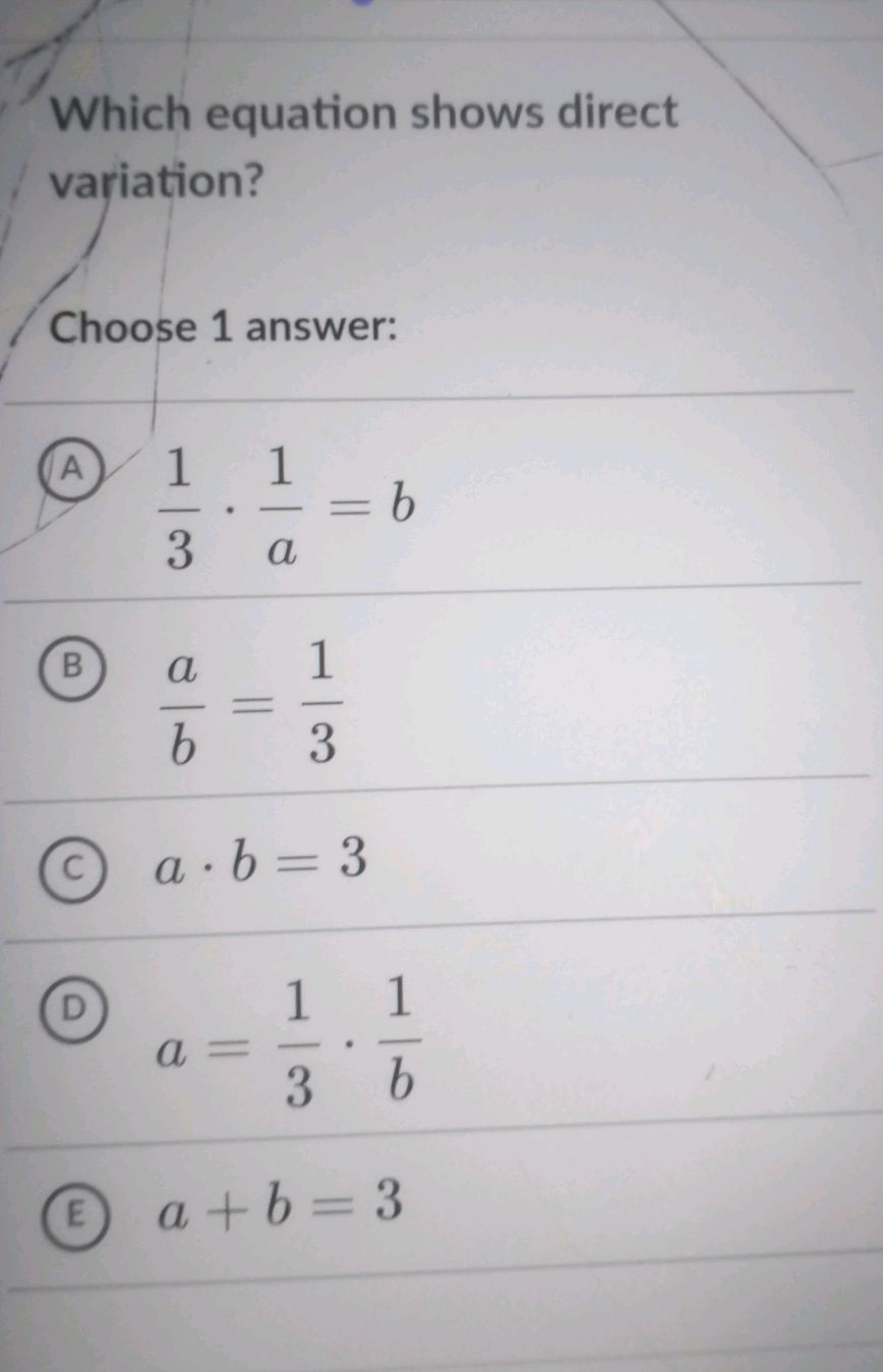 Which equation shows direct variation? | StudyX