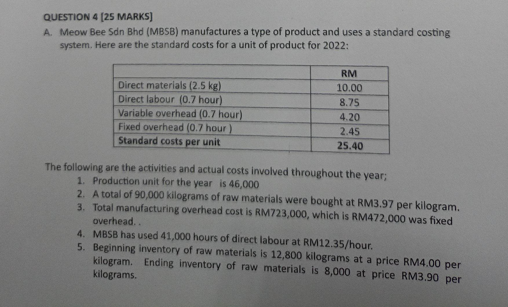 QUESTION 4 [25 MARKS] A. Meow Bee Sdn Bhd | StudyX