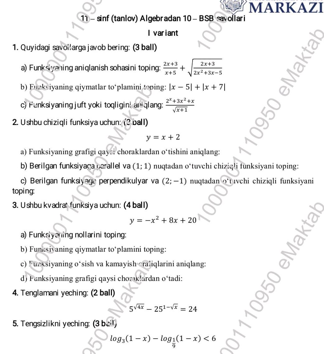 1. Quyidagi savollarga javob bering: (3 | StudyX