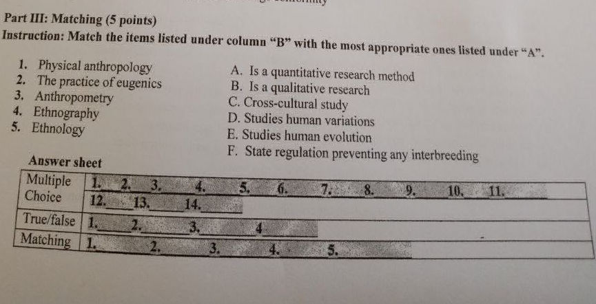 Part III: Matching (5 points) Instruction: | StudyX