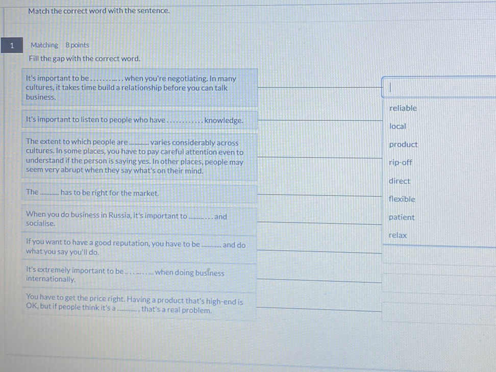 Match the correct word with the sentence. | StudyX
